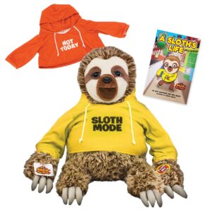 snax the sloth official 2023 version, talking plush sloth toy for kids, cuddly sloth stuffed animal that talks back slowly for boys and girls, moving eyes & mouth, with book + red shirt