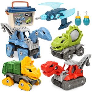 dreamon take apart construction toys truck set transforming dino truck, stem dinosaur toy with electric drill,educational gifts for boys kids 3 4 5 6 year old