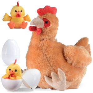 prextex hen toy with two plastic easter eggs and cute baby chicks inside - big mommy hen plush with chicks zippered in eggs - adorable chicken plushies for kids 3-5 years old