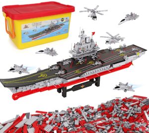 2234 pieces aircraft carrier building blocks with storage box, 38x 7.7x10.5 inch stress release large construction military warship battleship blocks toys for adults and kids 14 years and up