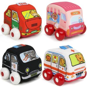 click n' play plush cars - set of 4 soft cars - durable stuffed ambulance, taxi, police car, ice cream truck toys - sensory baby car toy set - sensory push cars for toddlers, kids