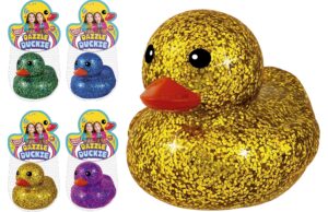 ja-ru giant glitter rubber ducks (4 rubber duckies assorted) baby bath toys & pool beach essentials. stress relief sensory play fidget toy. bulk pinata filler stocking stuffer. 4343-4s