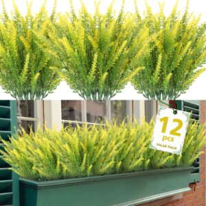 zeostaro artificial lavender flowers 12 bundles outdoor uv resistant fake flowers no fade faux plastic plants garden porch window box decorating (yellow)