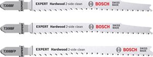 bosch 3x expert hardwood 2-side clean jigsaw blade set (for plastic coated boards, kitchen countertop, length 117 mm, professional accessory jigsaw)