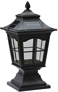 solar outdoor column lamp vintage aluminum ip54 waterproof glass pillar post lantern exterior villa door fence home garden courtyard lawn stigma light (color : black)