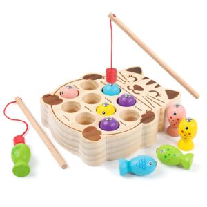 montessori magnetic wooden fishing game for toddlers 3 4 5 years old, preschool fine motor skill learning hand eye coordination fishing toy, great gifts for children boys and girls