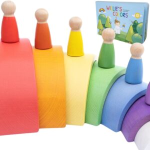 montessori nesting rainbow toy: open-ended wooden stacking set with arches, peg dolls & story book for emotional intelligence & creative play | ages 3+ | 16 pcs | premium quality tiger wood