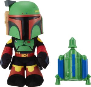 mattel star wars plush 12-inch toy, boba fett rocket launching soft doll, removable air-powered rocket launcher with projectile