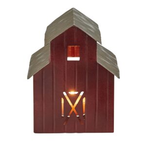 orchid & ivy rustic tin red barn tea light or led candle holder with corrugated metal roof - decorative house shaped tabletop lantern - country farmhouse indoor outdoor home and garden decor