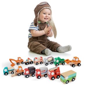 tekor (12) wooden toy car set | montessori | police car | fire truck | ambulance | (9) other cars| develops fine motor kills | smooth, no rough edge | child friendly paint |