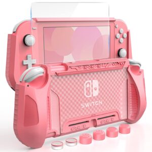 heystop case compatible with nintendo switch lite, with tempered glass screen protector and 6 thumb grip, tpu protective cover for switch lite with anti-scratch/anti-dust (pink)