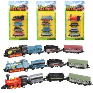 artcreativity mini locomotive train playset for kids, set of 3, each set with 1 locomotive and 3 carts, diecast train toy for boys and girls with pullback motion, great birthday gift