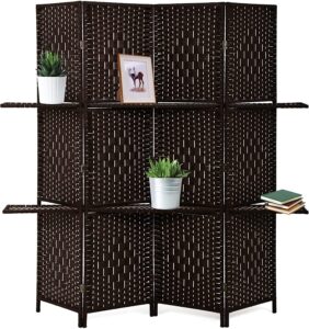 room divider 4 panels wood frame foldable portable separator screen folding wall dividers with removable storage shelves for home living room,brown