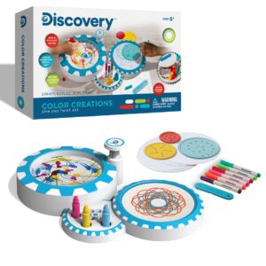 discovery kids color creations spin & twist art maker set with 3 paints and 6 markers, create unique drip artwork & geometric spiral designs, battery powered portability, fun kids arts & crafts toy