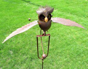 big sky antiques wing flapping kinetic metal brown owl yard stake rocking wind spinner whirly-gig garden art,multicolor,21.5x 12.5x 55inch