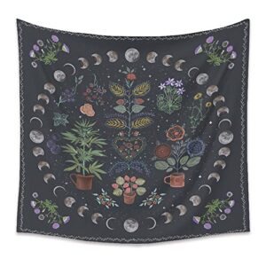 patchwork botanical moon phase tapestry, moonlit garden wall hanging nature floral plant tapestries mysterious tapestry gift art home bedroom decor living room (51.2 inch x 59.1 )