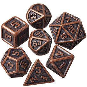 wiz dice - metal dice set - dnd dice set for tabletop rpg adventure games - polyhedral dice set, suitable for dungeons and dragons and dice games alike - ancient copper - 10 mm - 7 ct