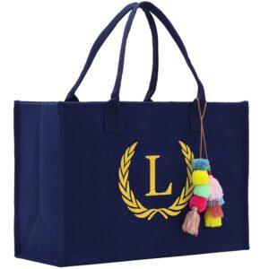 vanessa rosella personalized gift monogram initial 100% cotton chic tote bag for women - navy (l)