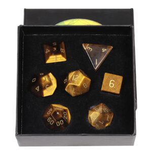 amogeeli 7pcs hand-carved crystal dnd dice set, stone polyhedral rolling dice kit for rpg mtg coc table game, tiger' s eye stone