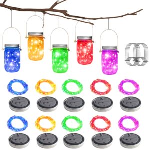 10 pack 30 led solar mason jar lid string lights,fairy lights string lids lights including 10 pcs hangers,for indoor outdoor wedding patio garden party decorations gift(no jars) (5 colors)