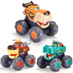 hiemao monster toy cars for 1 2 3 4 year old boys, 3 pack friction powered push & pull and go animal trucks, car toys vehicles set for toddler (mid size, bull/leopard/crocodile)