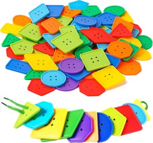 70 pcs montessori lacing threading toy - geometric shaped large beads for kids crafts, preschool activities and daycare toys - autism learning materials and fine motor skills toys for 3 4 5 6 year old