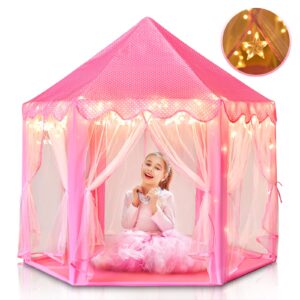 geerwest princess tent for girls, kids play tent with star lights toys for 1st birthday gifts, pink large playhouse for babys indoor and outdoor (princess tent)