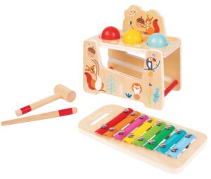 tookyland pound a ball toy - 7pcs - wooden pounding and hammering bench with xylophone; educational ball drop tap game for toddlers 1 year old +