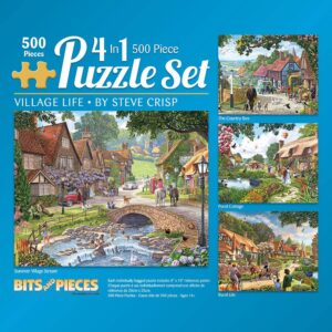 bits and pieces – 4-in-1 multi-pack 500 piece jigsaw puzzles for adults – village life by artist steve crisp, completed puzzle size: 16" x 20"