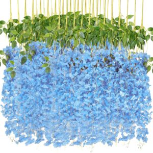 ranslen 48 pieces artificial wisteria flower hanging silk garland vine ratta wedding decor string home party garden outdoor decoration supplies (blue, 48)