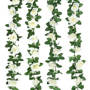 flower vines rose garland silk flowers white flower garland faux flowers decor indoor fake vines with fake flowers artificial flowers outdoor home wedding party garden wall decoration(4 pack /30.4 ft)