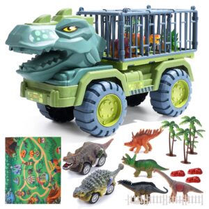 cute stone dinosaur truck, dinosaur transport car carrier truck with dinosaur toys, friction powered cars, activity playmat, dino car playset toys for kids boys grils