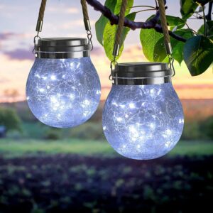 2 pack hanging outdoor solar lights, 30 led outdoor decorative crackle mason jar glass lamp, waterproof solar lanterns with handle for garden, yard, porch, tree, tabletop decorations (white)