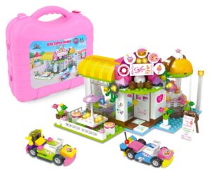 ep exercise n play friends bakery building set café house building toy for girls, featuring 2 cars with storage box, gift for christmas holiday birthday present for girls 6-12