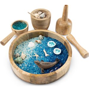 kookaroo round sensory tray + 4 wooden sensory bin tools, montessori pouring set, waldorf toys, sensory bins for toddlers 3-4, sand tray, montessori tray, sensory trays, wooden scoop, tactile toys.