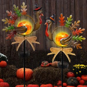 juegoal 41 inch solar lighted turkey stakes thanksgiving yard decorations, metal turkeys with glass ball led light garden stakes, outdoor fall solar pathway lights for garden lawn yard, set of 2