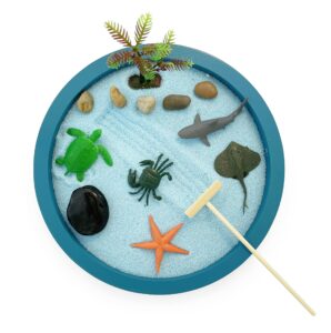 japanese zen garden mini kit for desk - ocean beach theme - relaxation, meditation & mindfulness - gift for birthdays, christmas, etc. - includes rake, sand, 10+ accessories! - tray diameter 8.5"