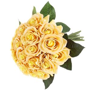 pure garden rose artificial flowers - 18pc real touch 11.5-inch fake flower set with stems for home decor, wedding, or bridal/baby showers (yellow)