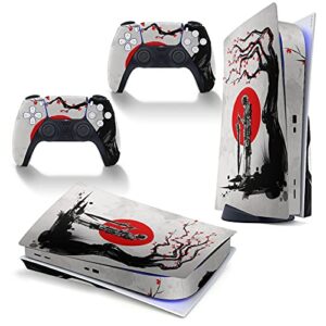 playstation 5 optical drive version sticker protective cover, cherry blossom trees before red day red sun in zanarkand ps5 controller protective shell (compatible with ps5 optical drive)