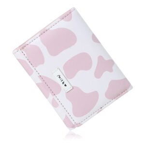 girls cute cow print tri-folded key case wallet pu leather cartoon small wallet cash pocket card holder id window purse coin purse money small short wallet (pink)