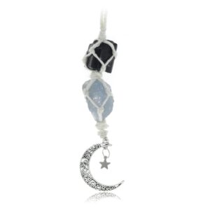 boho garden hanging car charm - black tourmaline & blue calcite - dangling moon & healing crystal accessories, rearview mirror decorations - confidence, calmness, creativity, protection, communication