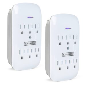 black+decker surge protector wall mount with 6 grounded outlets, 2 pack, white - compact power adapter tap with indicator light, automatic shutdown - 3-prong power outlet plug for bathroom, bedroom