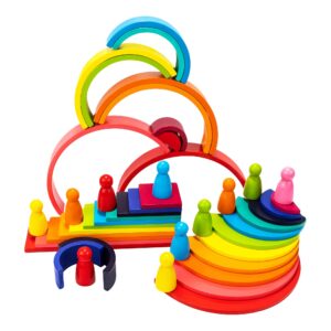 xjyqjd wooden rianbow stacker playset, 4-in-1 rainbow stacking toys building blocks for kids ages 3 4 5 preschool montessori toys christmas birthday gifts for toddlers boys girls 3-5 (45 pieces)