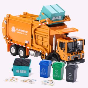 garbage truck toys, fubarbar 1:43 bruder tonka trash trucks model for boys metal diecase waste management front loader die cast recycling dumpster truck toy for 3 4 5 6 years old(orange)