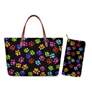 zfrxign colorful puppy paw print handbags and wallets sets for women teen girls top handle bag casual work street school shoulder bag tote purse black