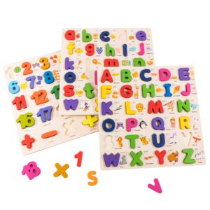 xjyqjd wooden alphabet puzzle for toddlers, 3 in 1 lower case alphabet letter puzzles abc uppercase & lowercase & number puzzle set for preschoolers kids ages 3-5 alphabet learning educational toy