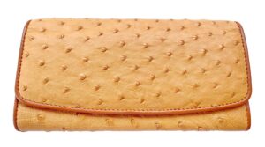 julie genuine real ostrich skin leather trifold clutch long golden tan wallet