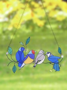 wwll multicolor birds window hangings , bird colored plexiglass window decorations,pendant birds on a wire, bird ornaments pendant home garden decoration(4 birds)