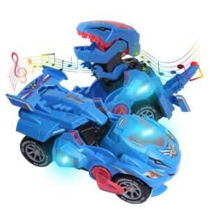 huwairen dinosaur toys for 3-6 year old boys for kids transforming dinosaur car with led light and music gifts for 4-7 year old (blue)