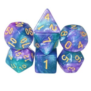 smartdealspro 7-die glitter polyhedral dice set with pouches for dnd rpg mtg dungeon and dragons table board roll playing games d4 d8 d10 d12 d20 (blue-purple)